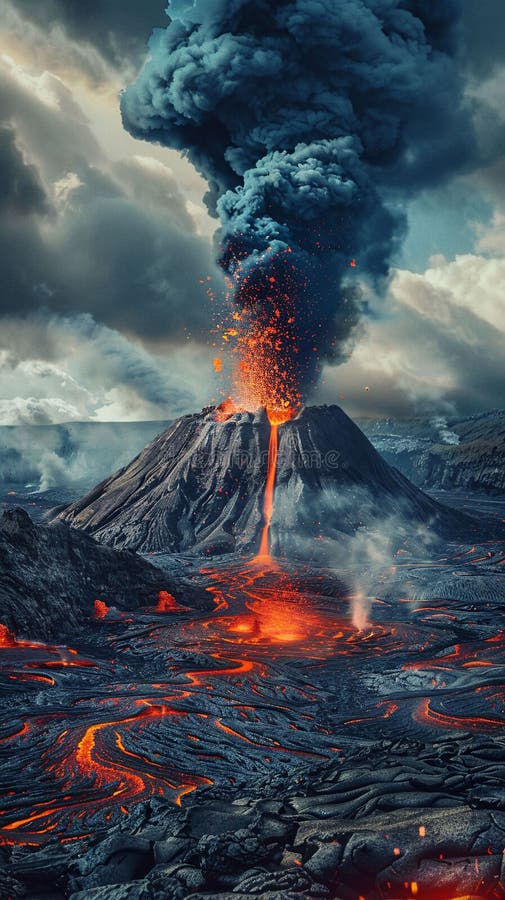 Volcanic Eruption with Glowing Lava and Thick Ash Clouds Stock Image ...