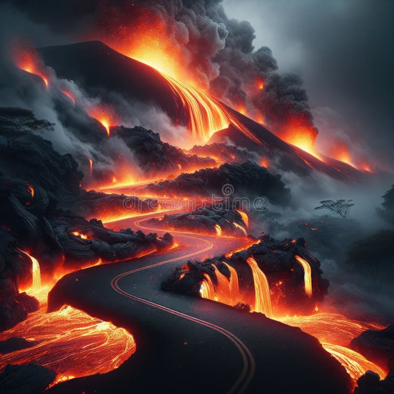 Volcanic Eruption and Huge Lava Flows. Stock Illustration ...