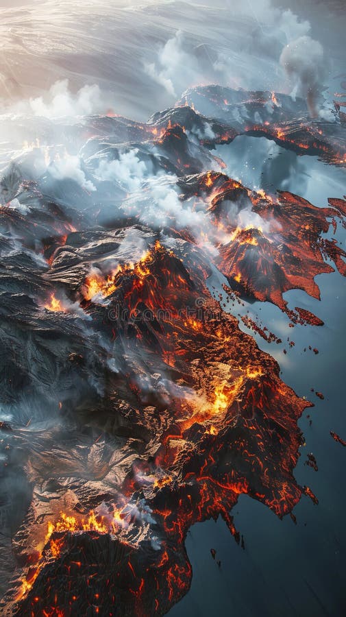 Volcanic Eruption Landscape with Lava Flows Stock Photo - Image of ...