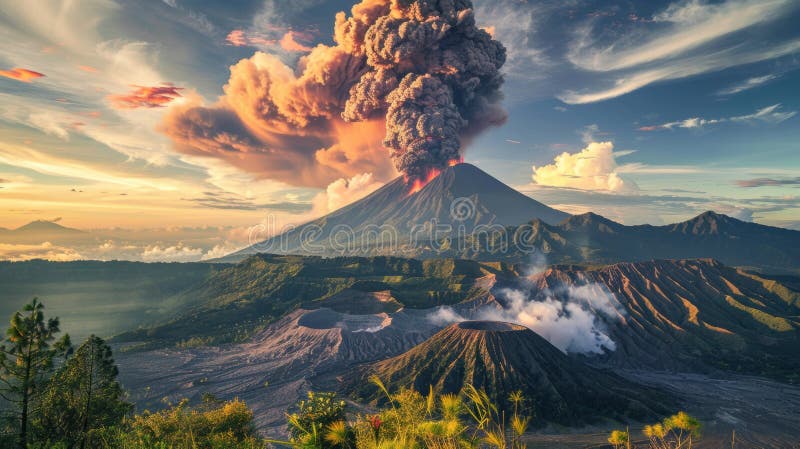 Volcanic Eruption with Lava and Ash Cloud in Dramatic Landscape. Stock ...