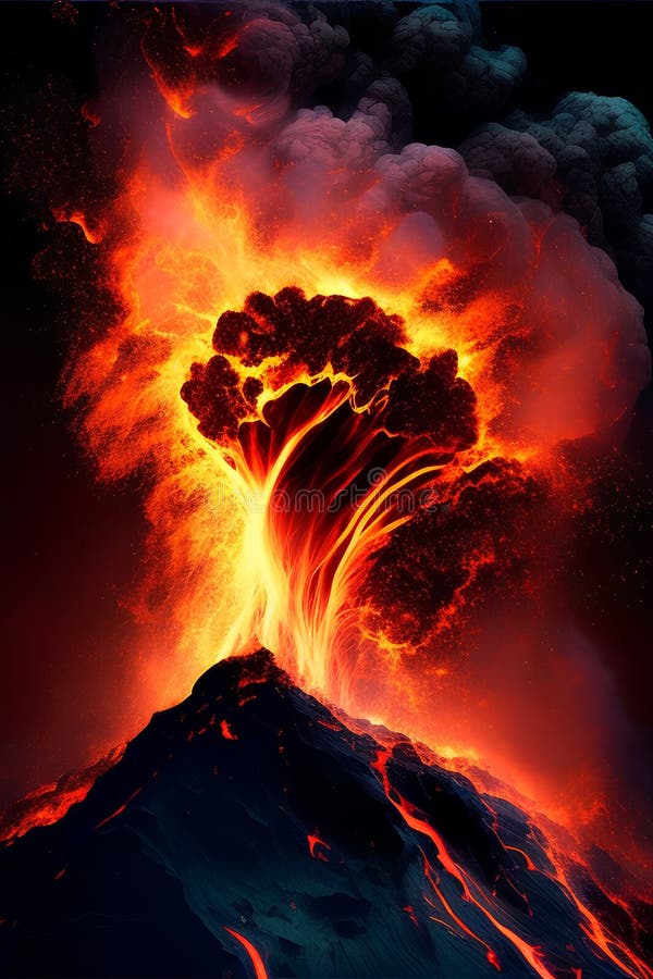 Volcanic Eruption with Lava and Ash on Dark Background. 3d Illustration ...