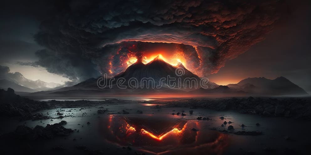 Volcanic Eruption, Lava and Ash Ejection into the Sky, Panorama, Magma ...