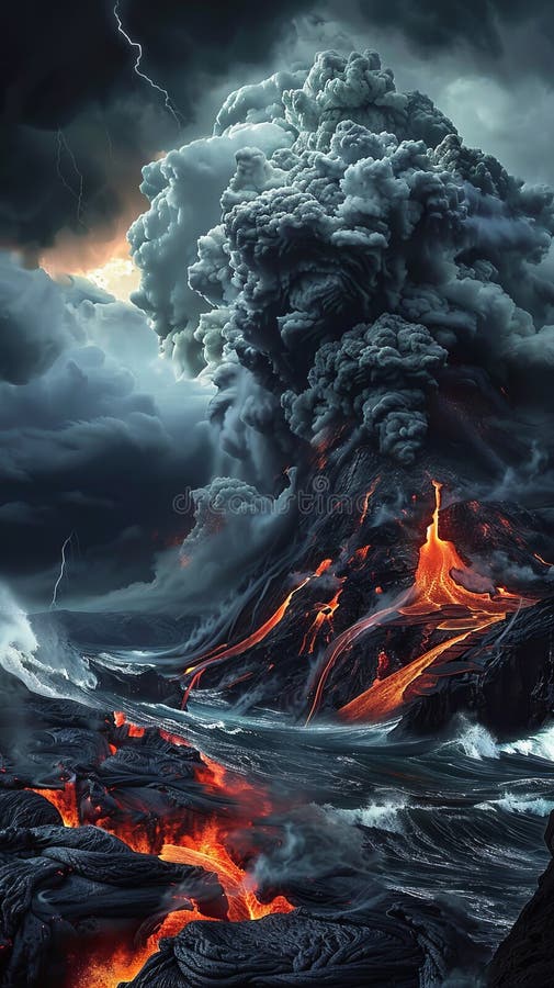 Volcanic Eruption with Lava Flow and Dark Storm Clouds, Dramatic ...
