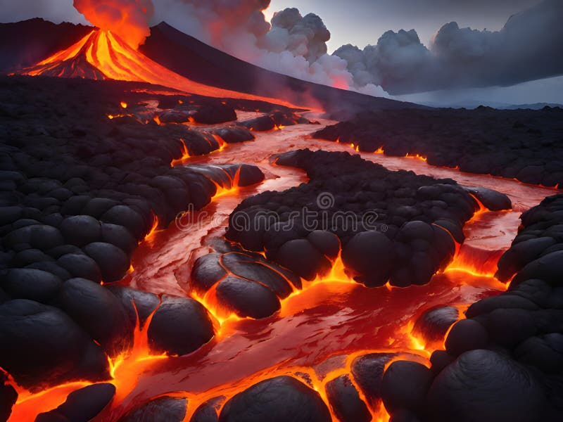 Volcanic Eruption with Lava Flow and Fire in the Volcano Crater Stock ...