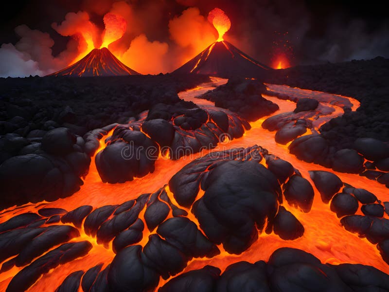 Volcanic Eruption with Lava Flow and Fire in the Volcano Crater Stock ...