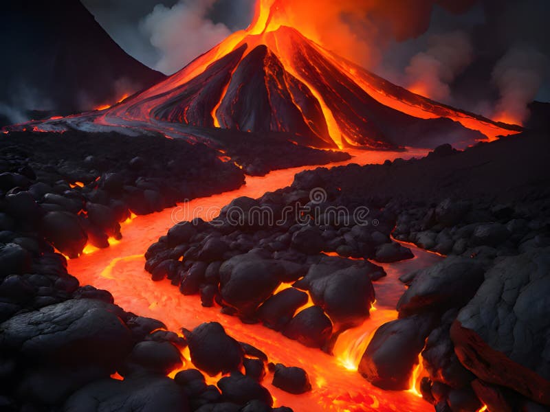 Volcanic Eruption with Lava Flow and Fire in the Volcano Crater Stock ...