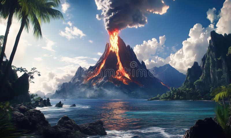Volcanic Eruption with Lava Flow, Tropical Landscape, Blue Ocean ...