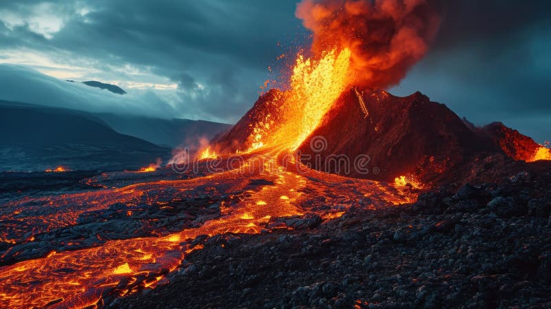 Volcanic Eruption with Lava Flow Under Dark Clouds Stock Illustration ...