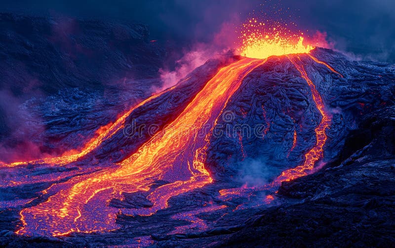 Volcanic Eruption with Lava Flowing Down a Mountainside Stock ...