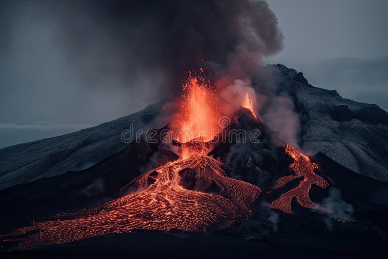 Volcanic Eruption, with Lava Flowing Down the Side of a Mountain Range ...