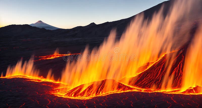 A Volcanic Eruption with Lava Flowing Down the Side of a Mountain. the ...
