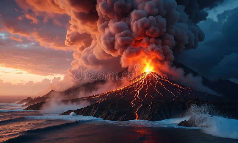 Volcanic Eruption with Lava Flowing into Ocean at Dramatic Sunset Stock ...