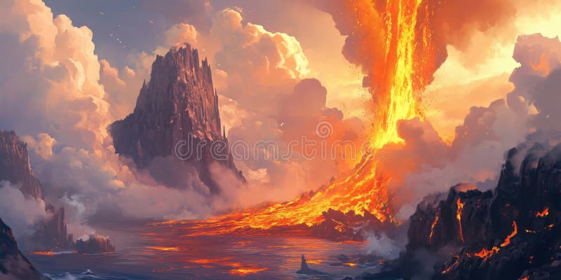Volcanic Eruption with Lava Flowing into Ocean at Sunset Stock Photo ...