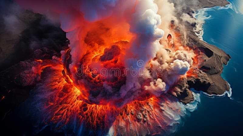 Volcanic Eruption. Lava Flows from the Crater. Clouds of Ash and Smoke ...