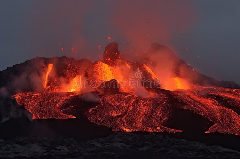 Volcanic Eruption, with Lava Flows Moving Down the Sides of the Volcano ...