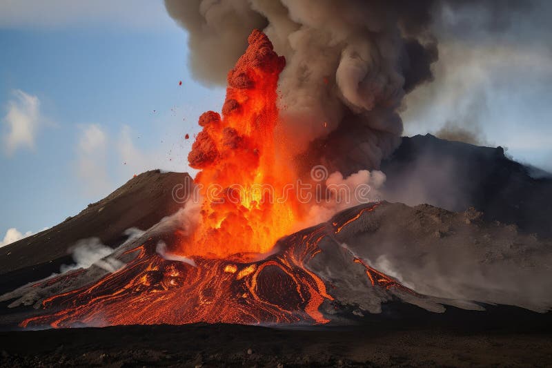 Volcanic Eruption, with Lava Flows Moving Down the Sides of the Volcano ...