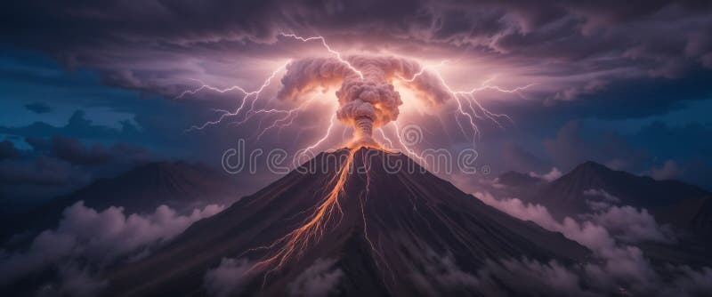Volcanic Eruption with Lightning and Lava at Night Stock Illustration ...