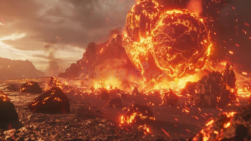 Volcanic Eruption with Massive Ash Cloud and Flowing Lava Down the ...