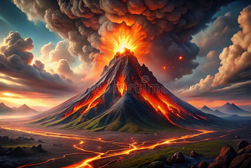 Volcanic Eruption, Mountain Landscape, Sunset Sky, Dramatic Scene Stock ...