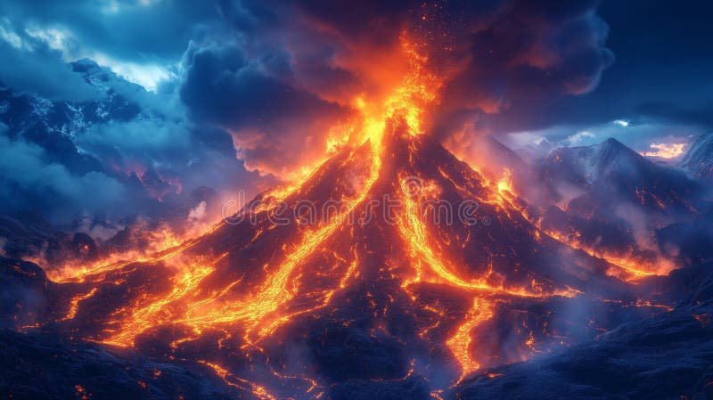 Volcanic Eruption at Night with Glowing Molten Lava Stock Image - Image ...