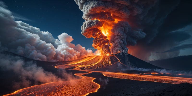 Volcanic Eruption at Night Illuminating the Sky with Lava and Ash in a ...