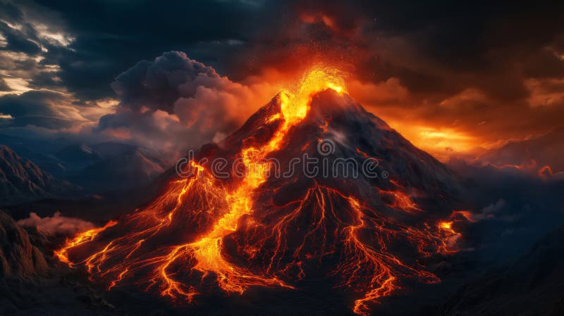 Volcanic Eruption at Night with Lava Flow Stock Image - Image of ...