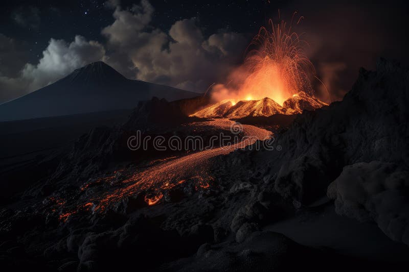 Volcanic Eruption at Night, with Lava Flows Illuminated by the ...