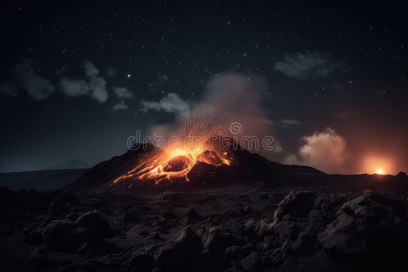 Volcanic Eruption at Night, with Lava Flows Illuminated by the ...
