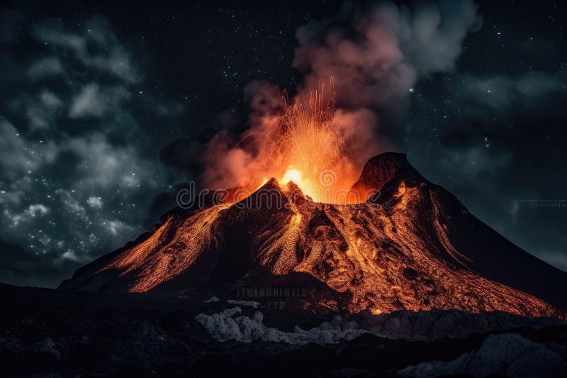 Volcanic Eruption at Night, with Lava Flows Illuminated by the ...
