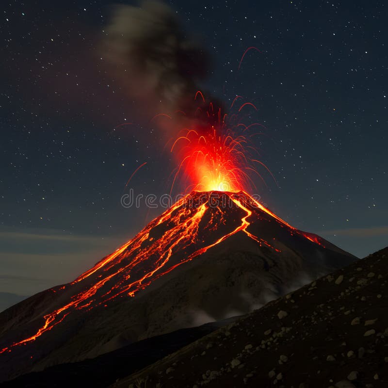 Volcanic Eruption at Night with Starry Sky - Generated Using Ai Stock ...