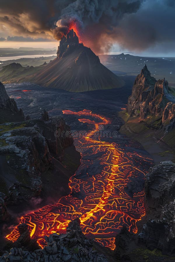 Volcanic Eruption Process. Landscape of Volcano with Exploding and ...