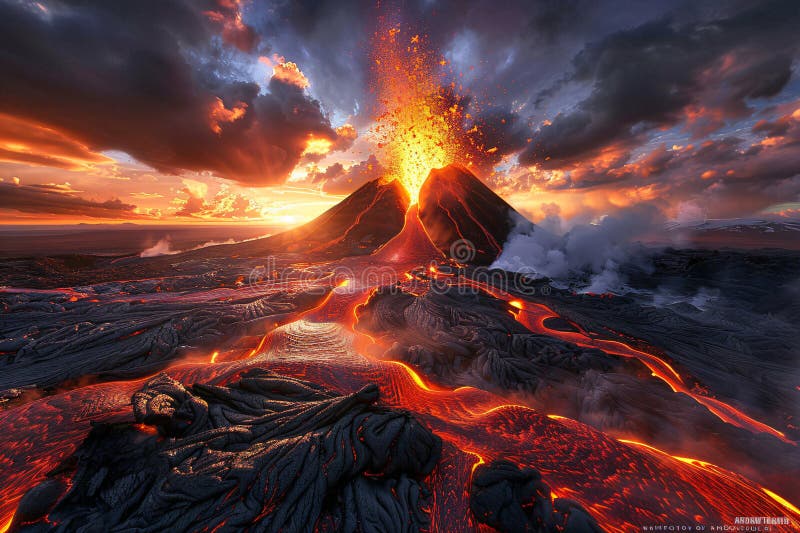 Volcanic Eruption Process. Landscape of Volcano with Exploding and ...