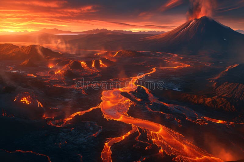 Volcanic Eruption Process. Landscape of Volcano with Exploding and ...