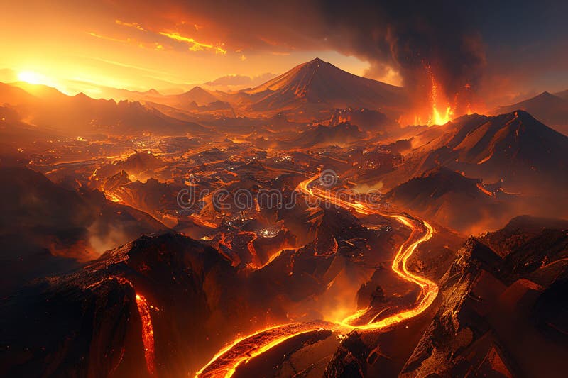 Volcanic Eruption Process. Landscape of Volcano with Exploding and ...