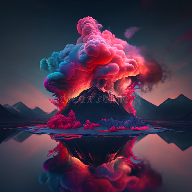 Volcanic Eruption with Red Smoke, 3d Illustration, Horizontal Stock ...