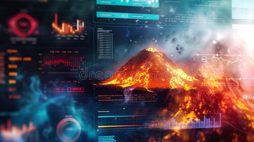 Volcanic Eruption Simulation with Futuristic Data Interface Stock Photo ...