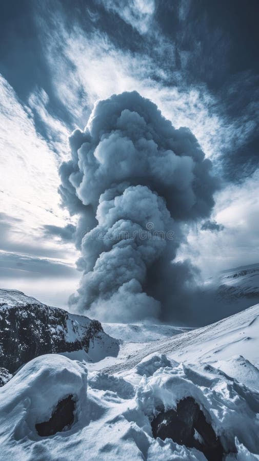 Volcanic Eruption with Smoke in Snowy Landscape Stock Photo - Image of ...