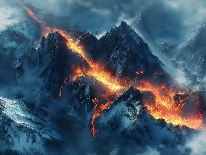 Volcanic Eruption, Snowy Mountain Range, Fiery Lava Flow, Dramatic ...
