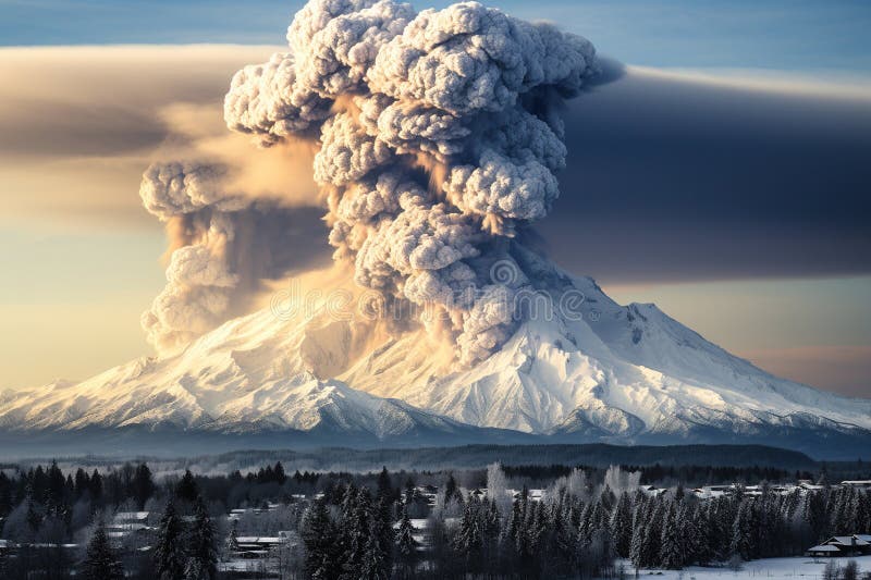 Volcanic Eruption in Snowy Mountains. Generated by Artificial ...