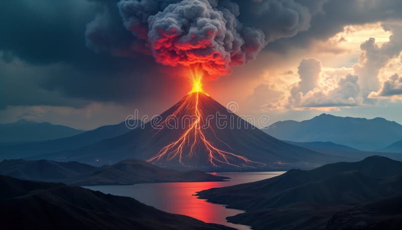 Volcanic Eruption Spewing Lava, Ash Clouds Over Mountain Range ...