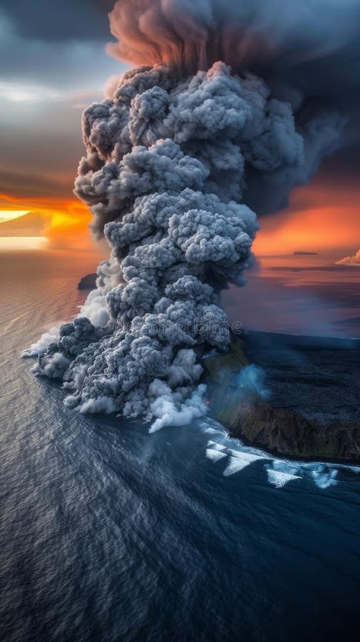 Volcanic Eruption at Sunset with Ash Cloud Over the Ocean Stock Image ...