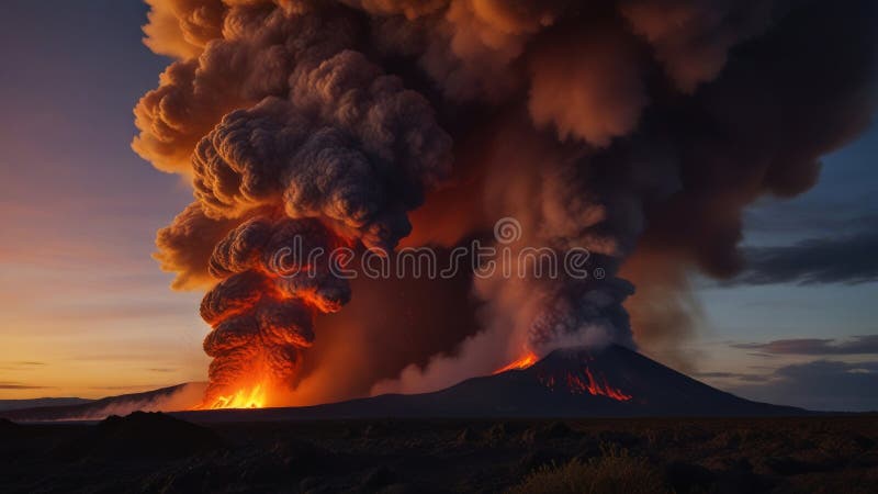 Volcanic Eruption at Sunset Stock Illustration - Illustration of dawn ...