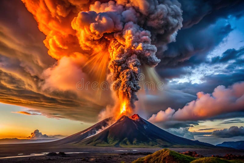 Volcanic Eruption at Sunset, Fiery Ash Plume Stock Illustration ...