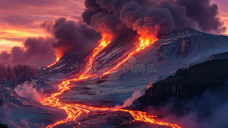 Volcanic Eruption with Thick Smoke at Sunset, Dramatic Landscape ...