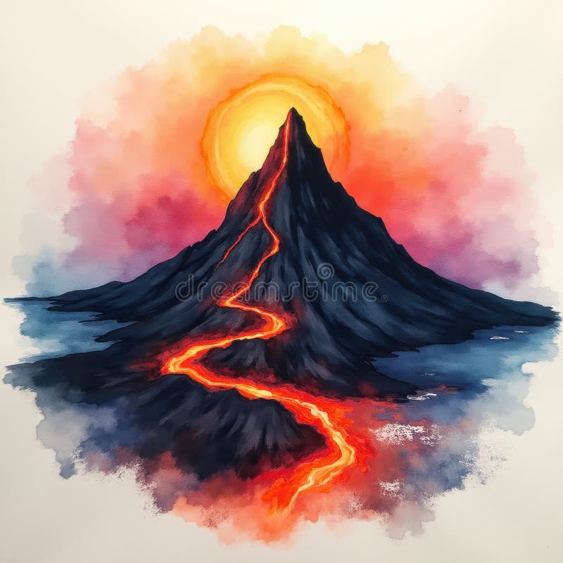 Volcanic Eruption at Sunset Stock Illustration - Illustration of magma ...