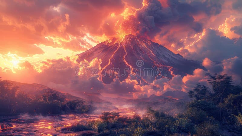 Volcanic Eruption at Sunset - Generative Ai Stock Illustration ...
