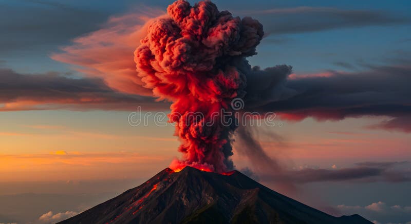 Volcanic Eruption Sunset Landscape Dramatic Red Sky Stock Image - Image ...