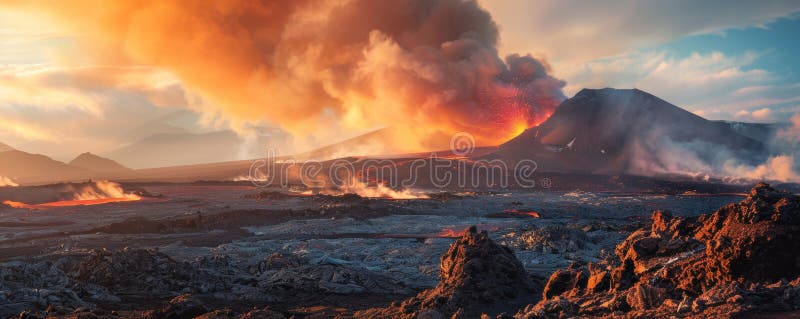 Volcanic Eruption at Sunset with Lava Flow and Ash Cloud Stock Photo ...