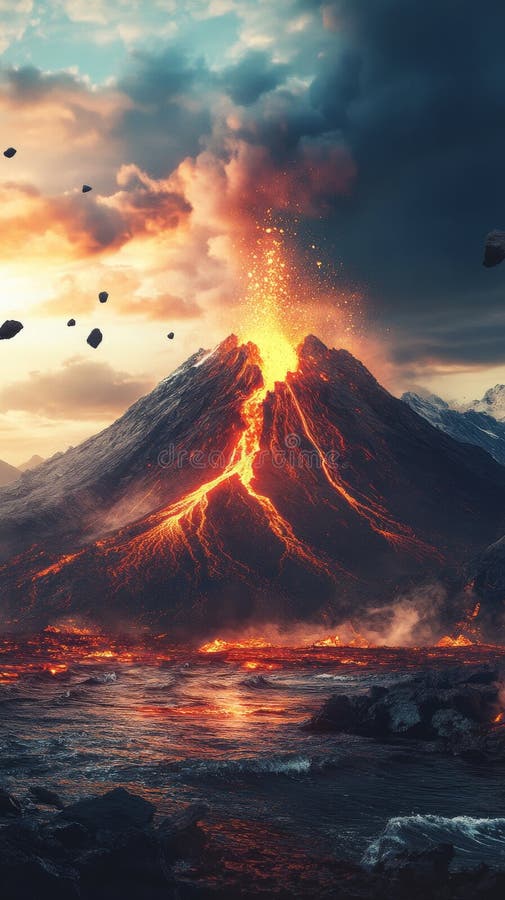 Volcanic Eruption at Sunset with Lava Flow and Dramatic Clouds Stock ...