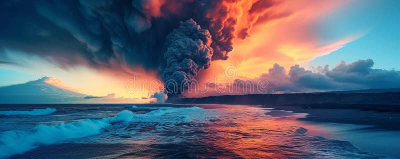 Volcanic Eruption at Sunset Over Ocean Stock Image - Image of disaster ...